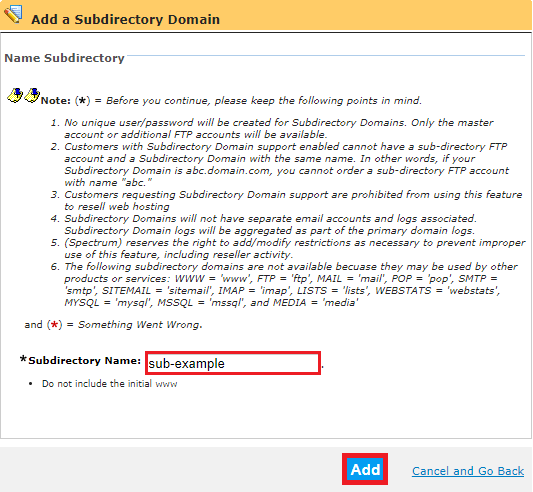 Subdirectory Domain Name (Subdomain) – Spectrum Business Web Hosting